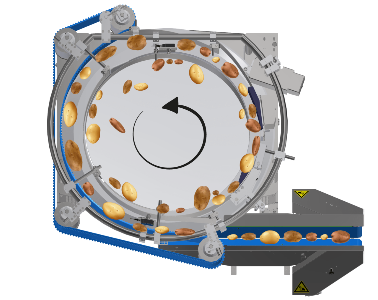 Optical sorter for potatoes with high capacity rotating feeder